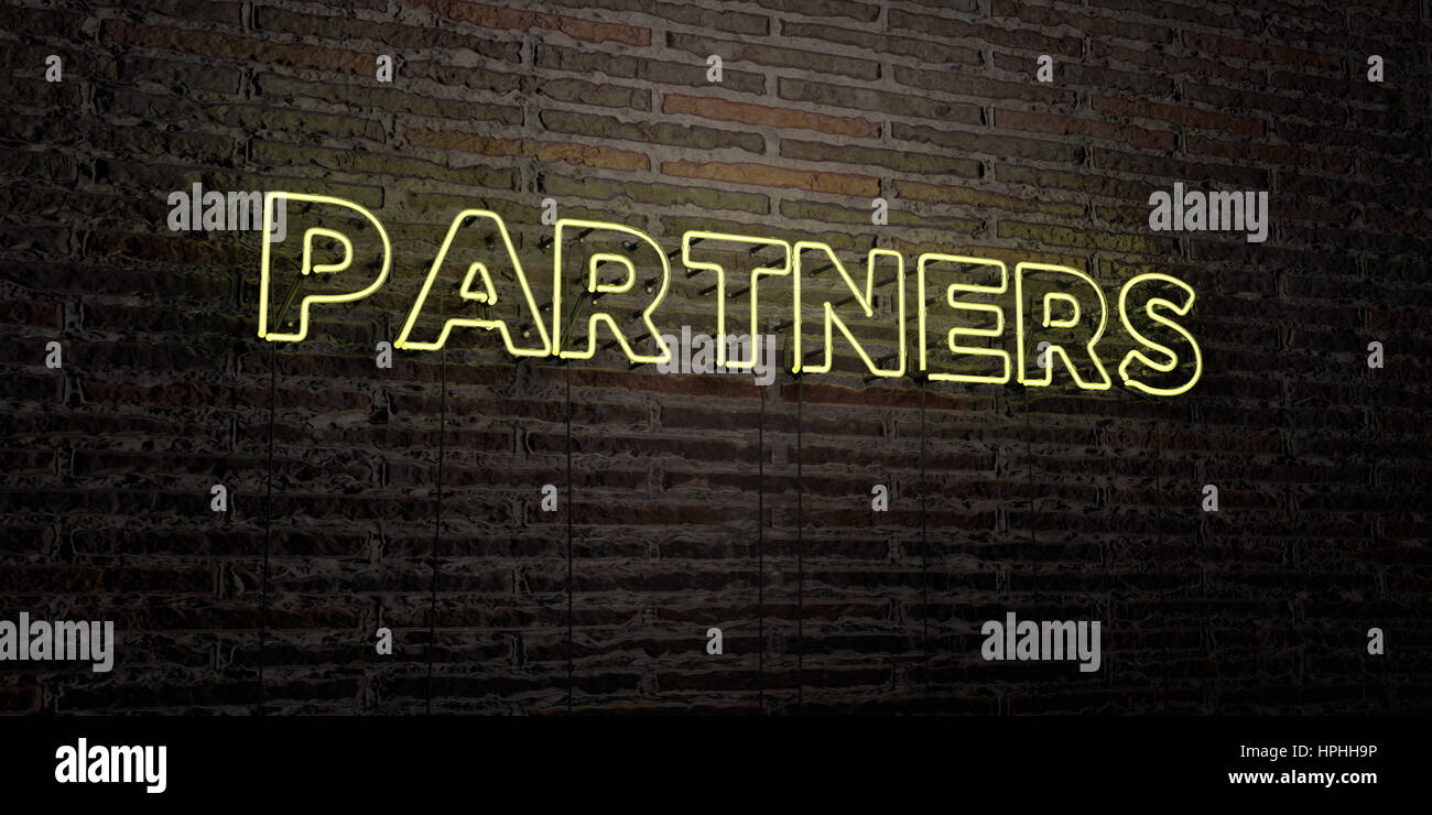 PARTNERS -Realistic Neon Sign on Brick Wall background - 3D rendered ...