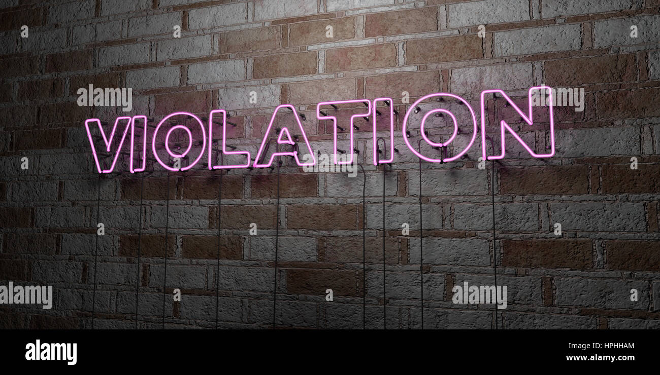 VIOLATION - Glowing Neon Sign on stonework wall - 3D rendered royalty ...