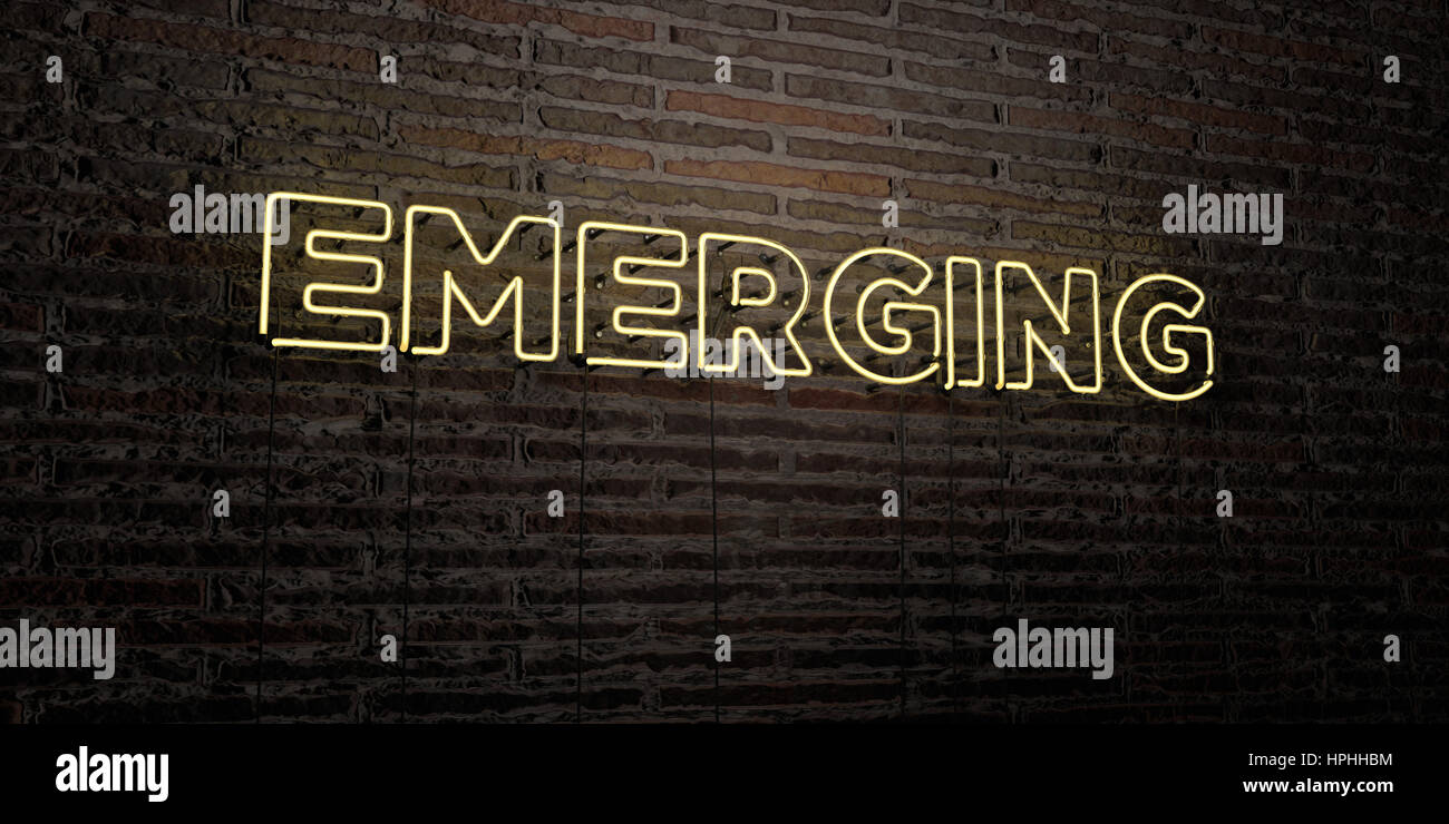 EMERGING -Realistic Neon Sign on Brick Wall background - 3D rendered ...