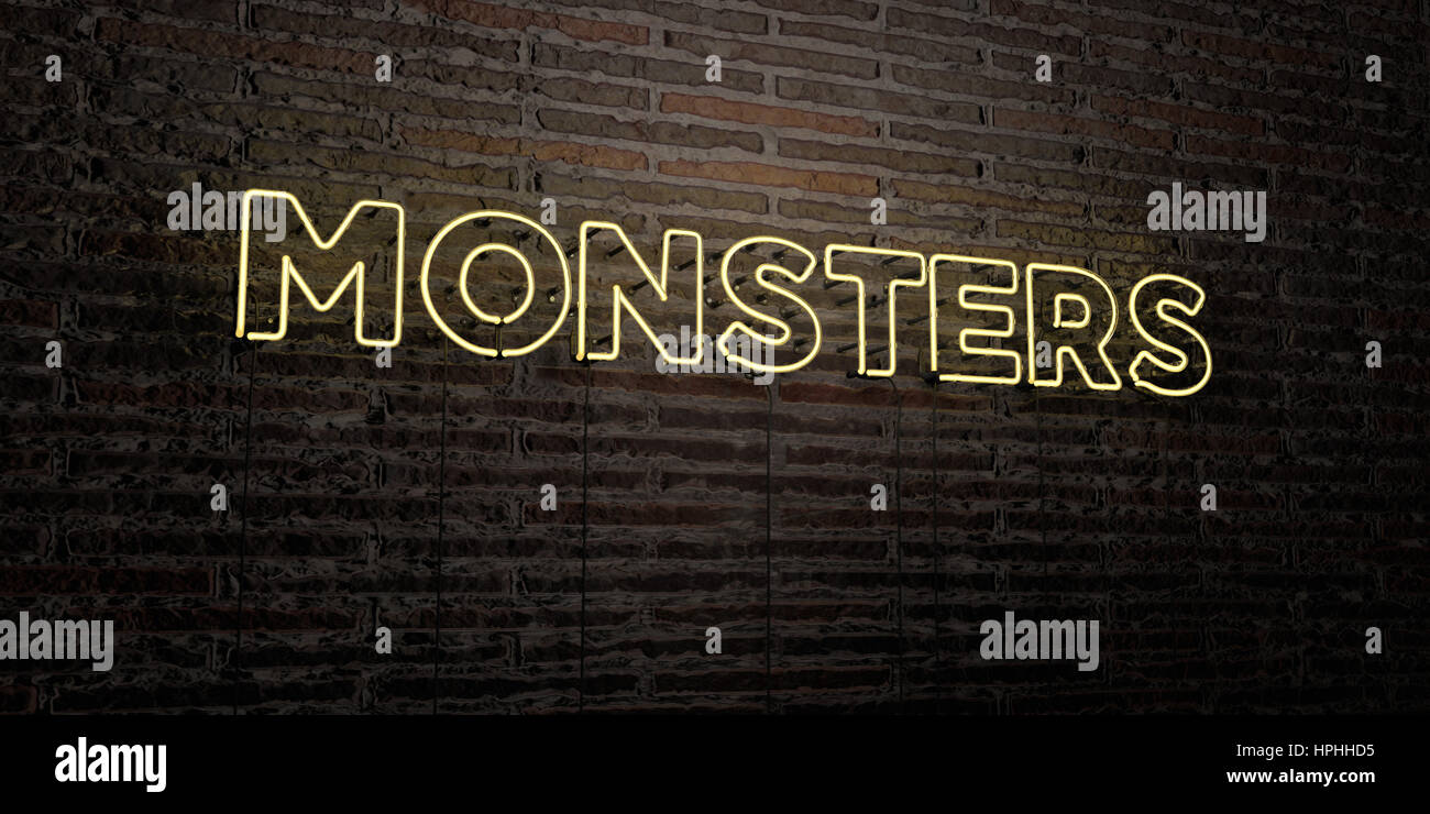 MONSTERS -Realistic Neon Sign on Brick Wall background - 3D rendered ...