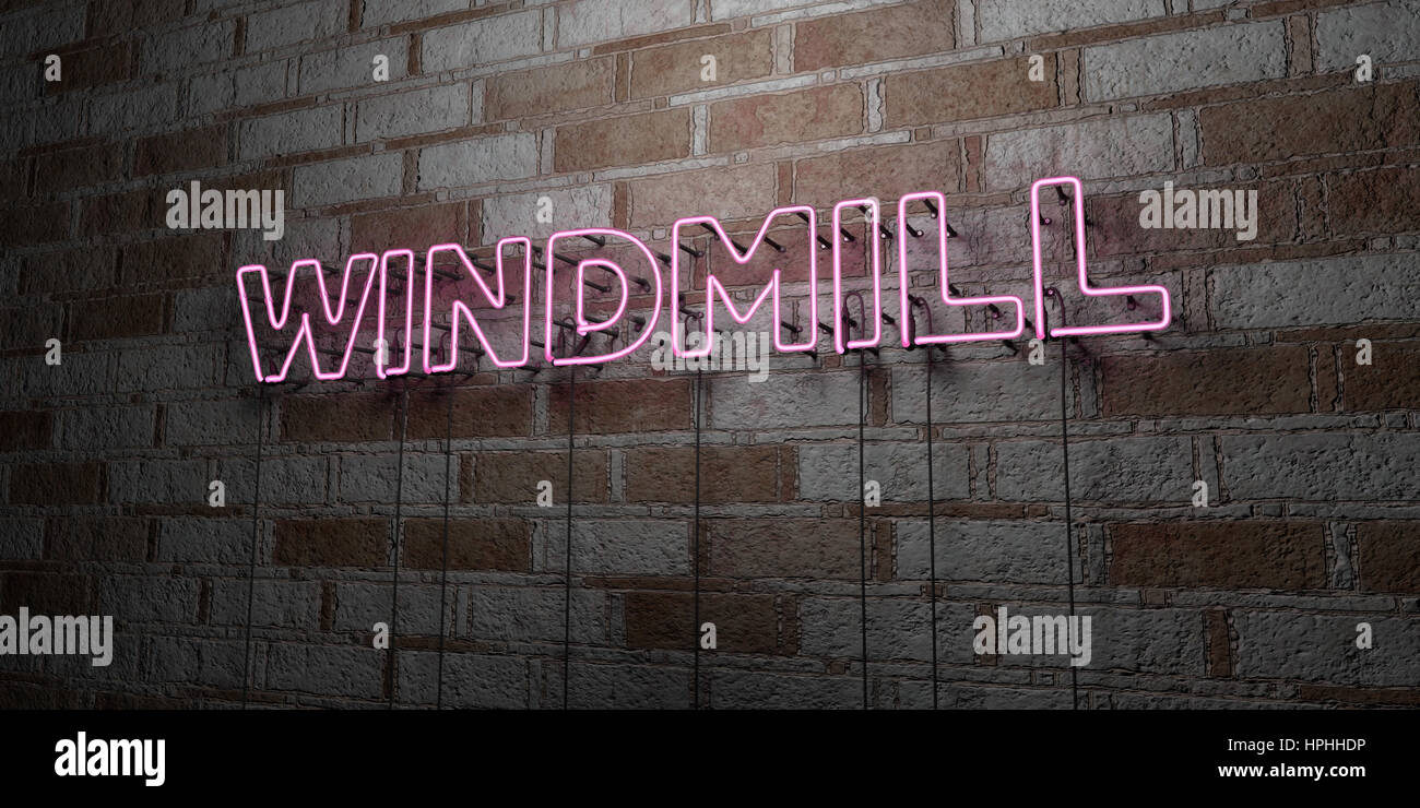 WINDMILL - Glowing Neon Sign on stonework wall - 3D rendered royalty ...