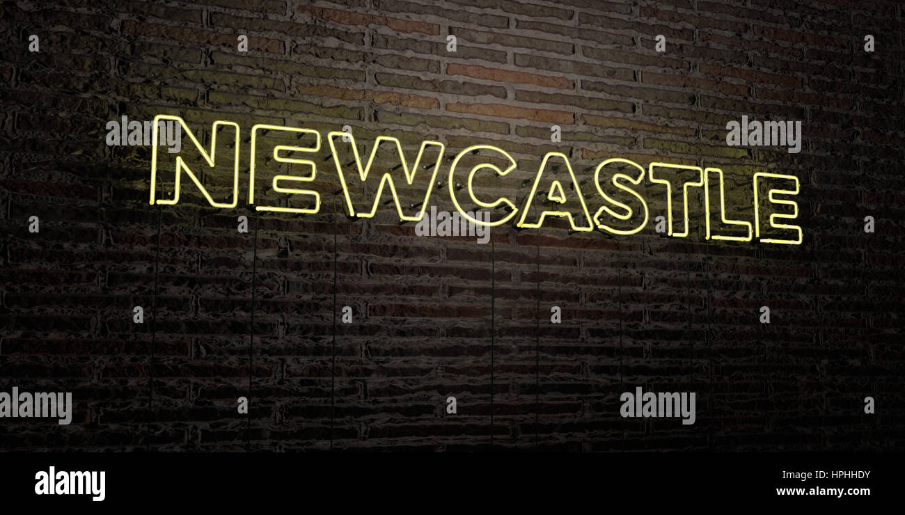 NEWCASTLE -Realistic Neon Sign on Brick Wall background - 3D rendered ...