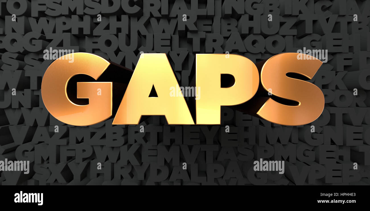 Gaps - Gold text on black background - 3D rendered royalty free stock ...