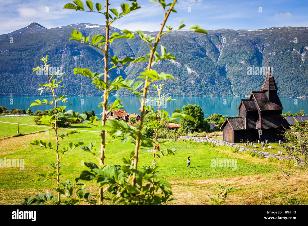 Urnes stave church at Lustrafjord fjord, branch of the Sognefjord fjord ...