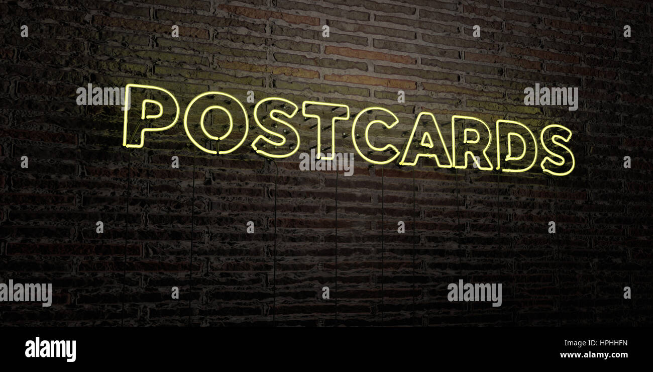 POSTCARDS -Realistic Neon Sign on Brick Wall background - 3D rendered ...