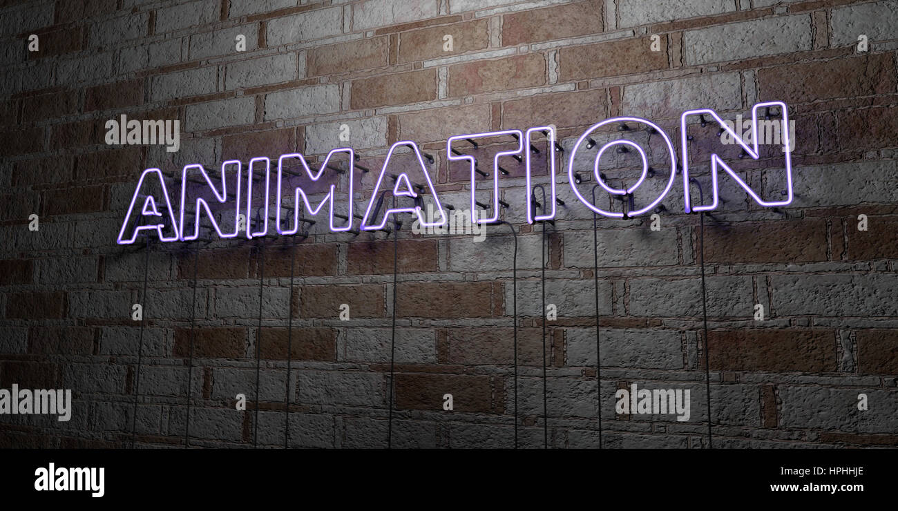 ANIMATION - Glowing Neon Sign on stonework wall - 3D rendered royalty ...