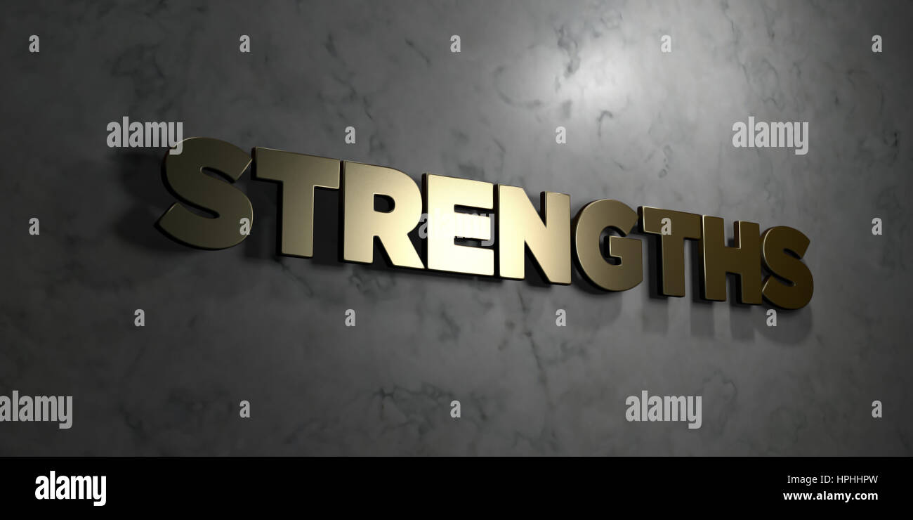 Strengths - Gold text on black background - 3D rendered royalty free ...