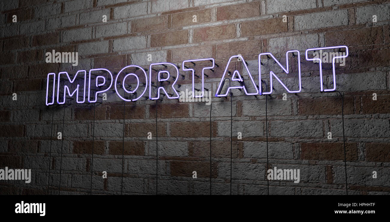 IMPORTANT - Glowing Neon Sign on stonework wall - 3D rendered royalty ...
