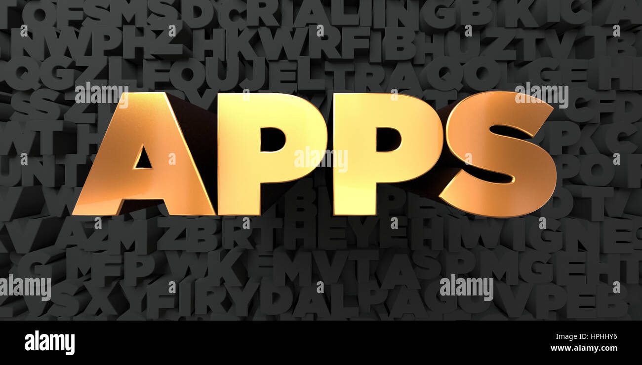 Apps - Gold text on black background - 3D rendered royalty free stock ...