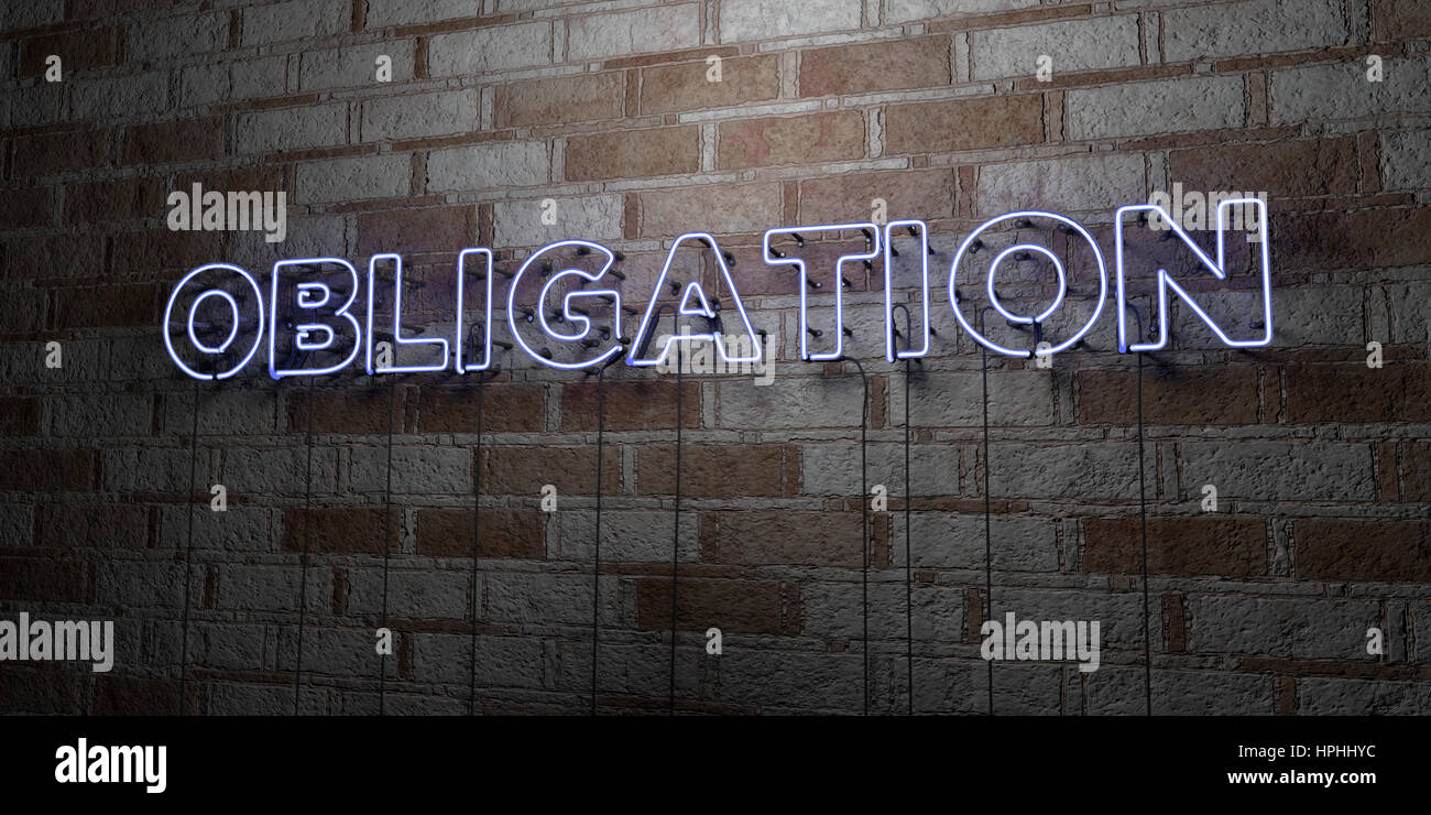 OBLIGATION - Glowing Neon Sign on stonework wall - 3D rendered royalty ...