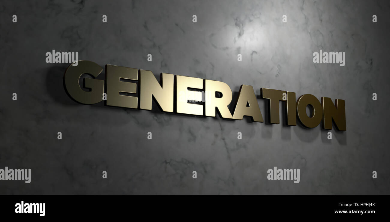 Generation - Gold text on black background - 3D rendered royalty free ...