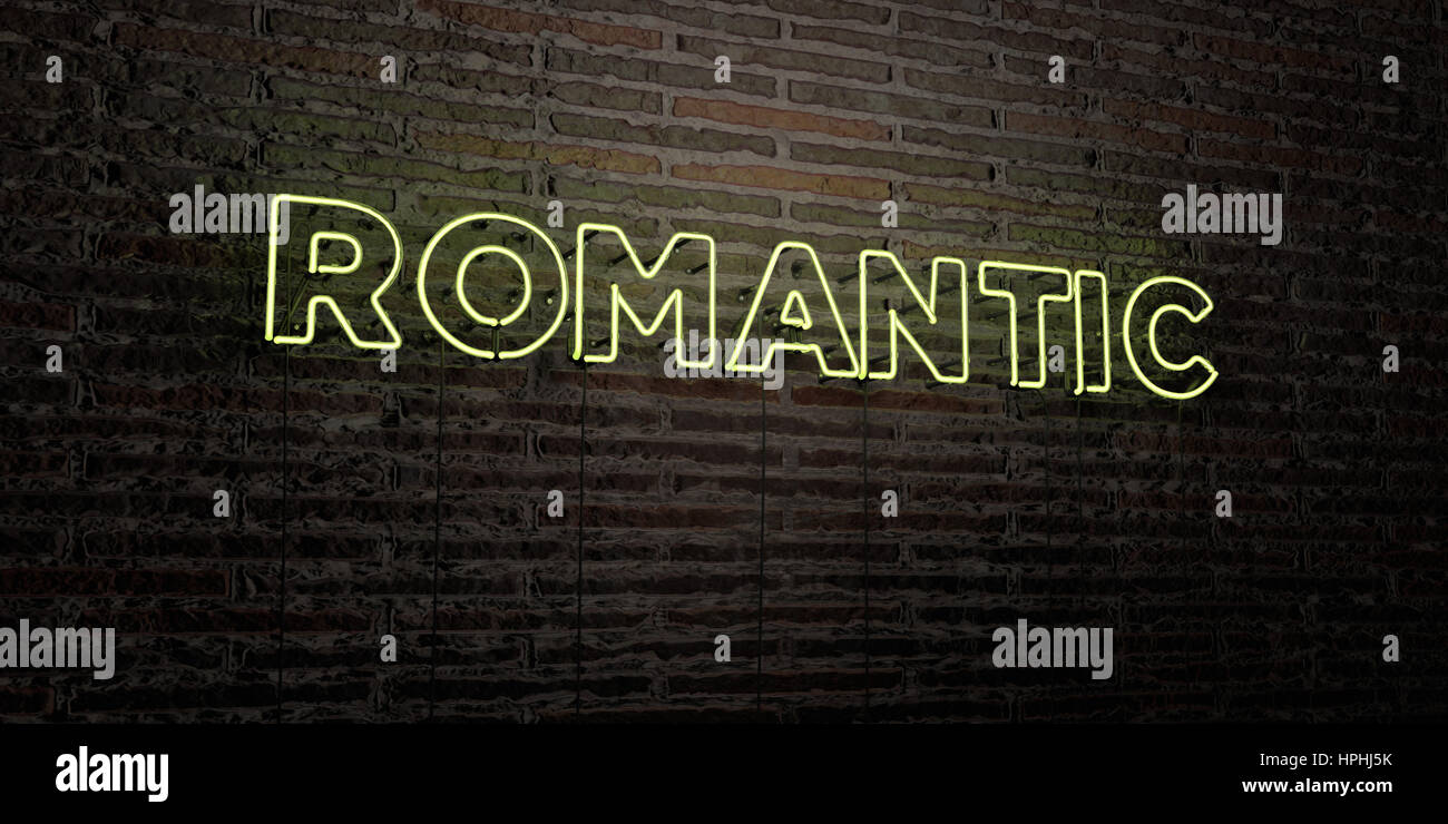 ROMANTIC -Realistic Neon Sign on Brick Wall background - 3D rendered ...