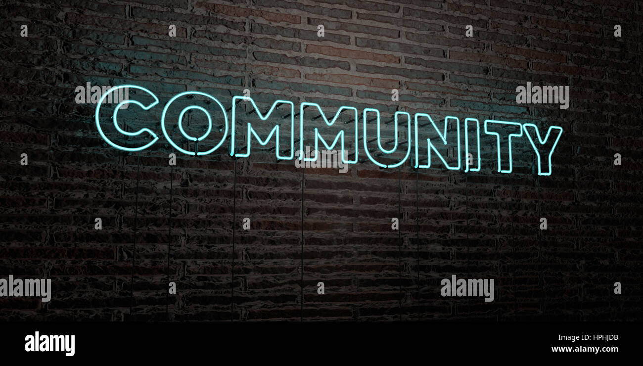 COMMUNITY -Realistic Neon Sign on Brick Wall background - 3D rendered ...