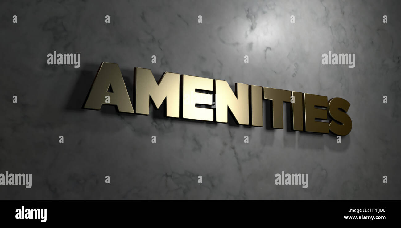 Amenities - Gold text on black background - 3D rendered royalty free ...