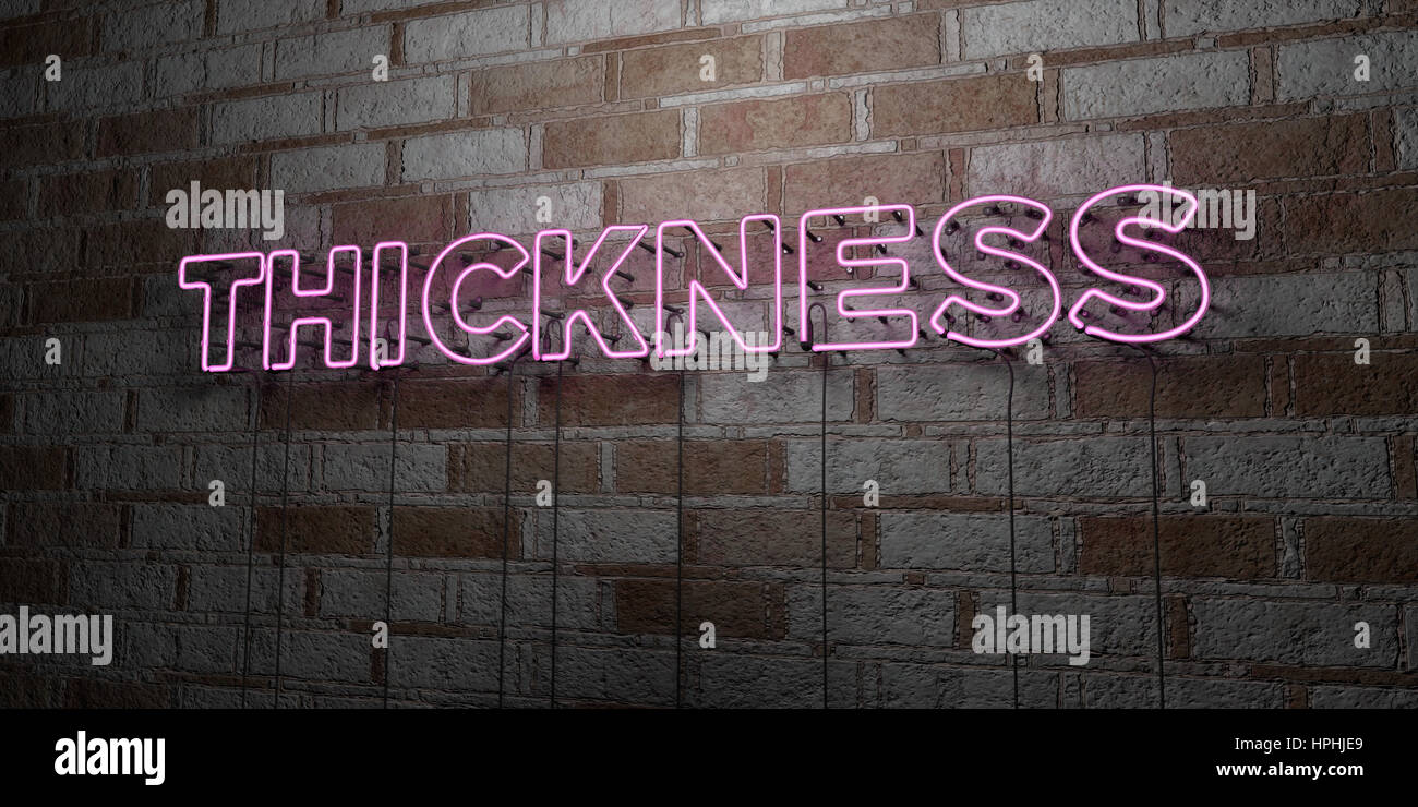 THICKNESS - Glowing Neon Sign on stonework wall - 3D rendered royalty ...