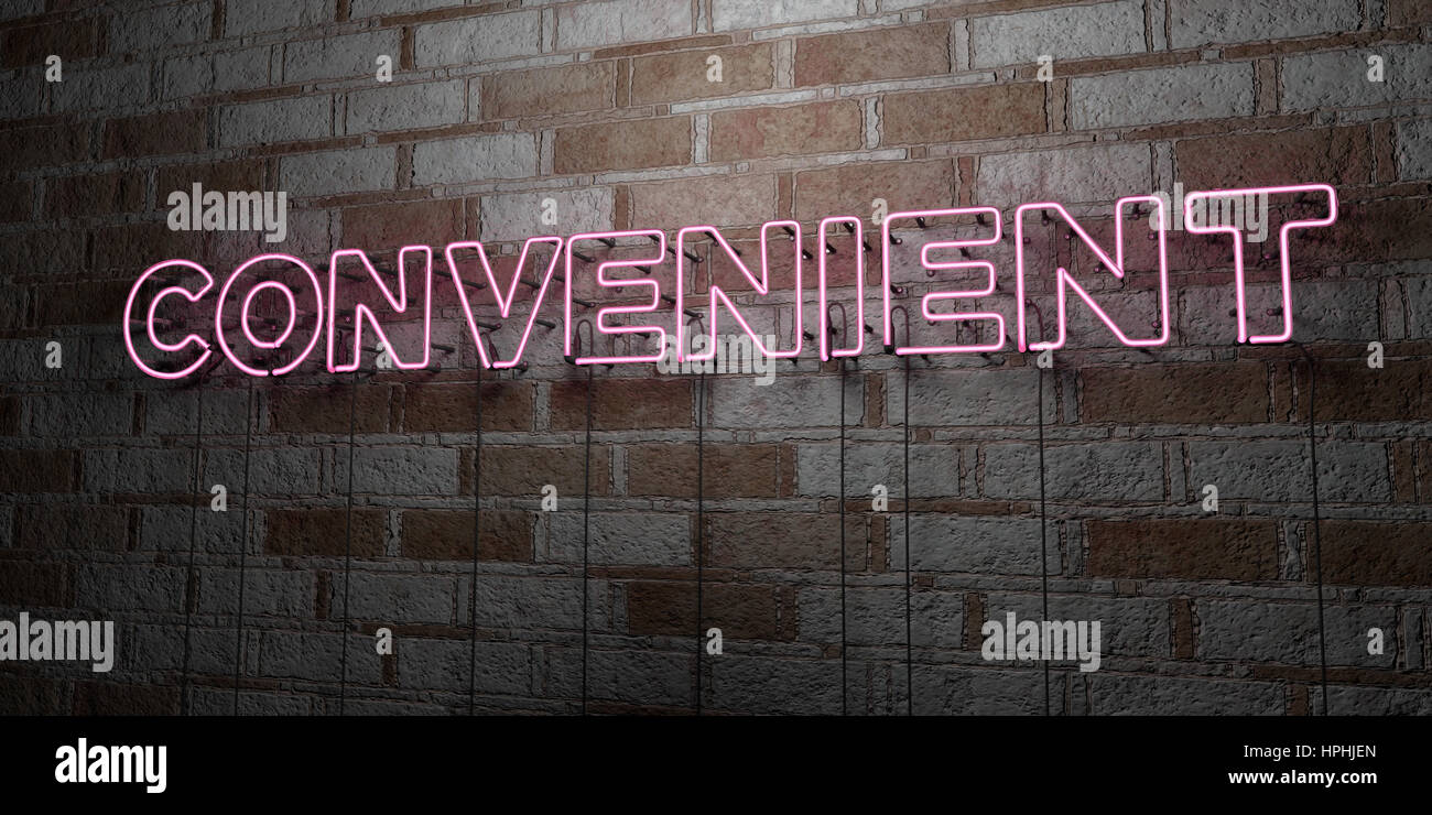 CONVENIENT - Glowing Neon Sign on stonework wall - 3D rendered royalty ...