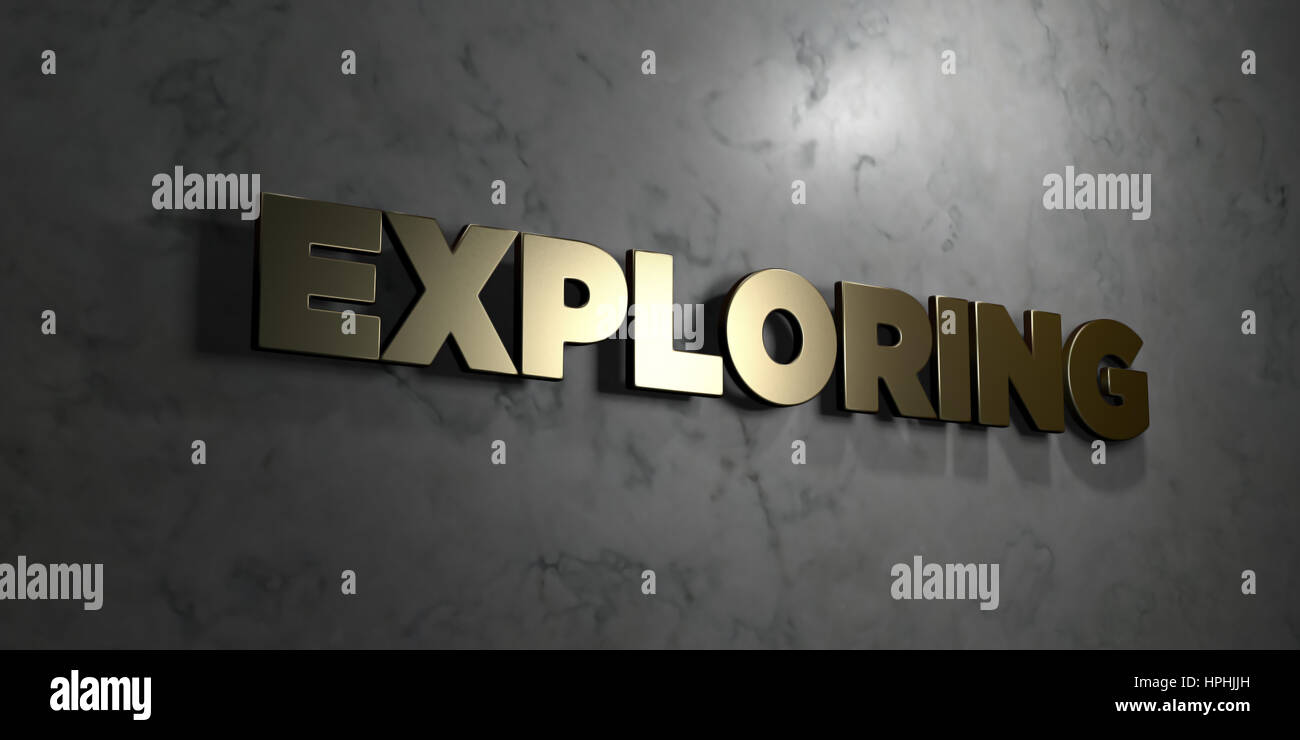 Exploring - Gold text on black background - 3D rendered royalty free ...