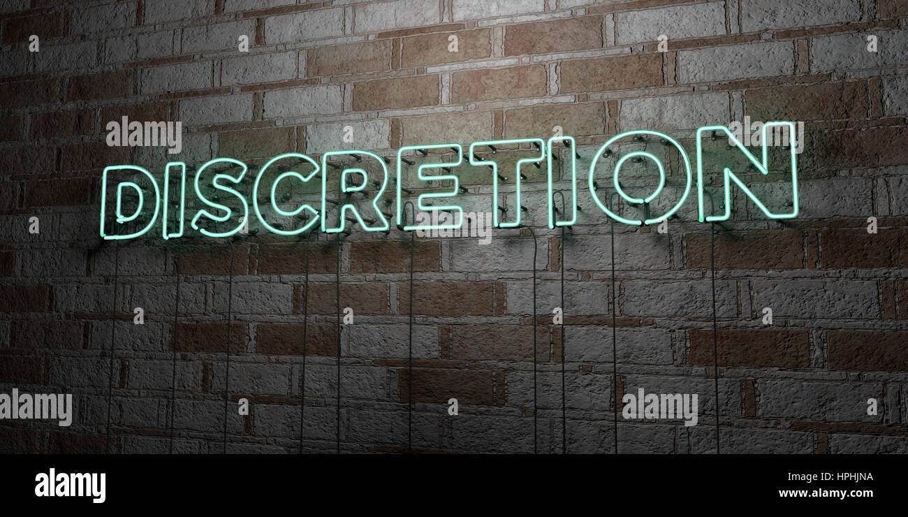 DISCRETION - Glowing Neon Sign on stonework wall - 3D rendered royalty ...