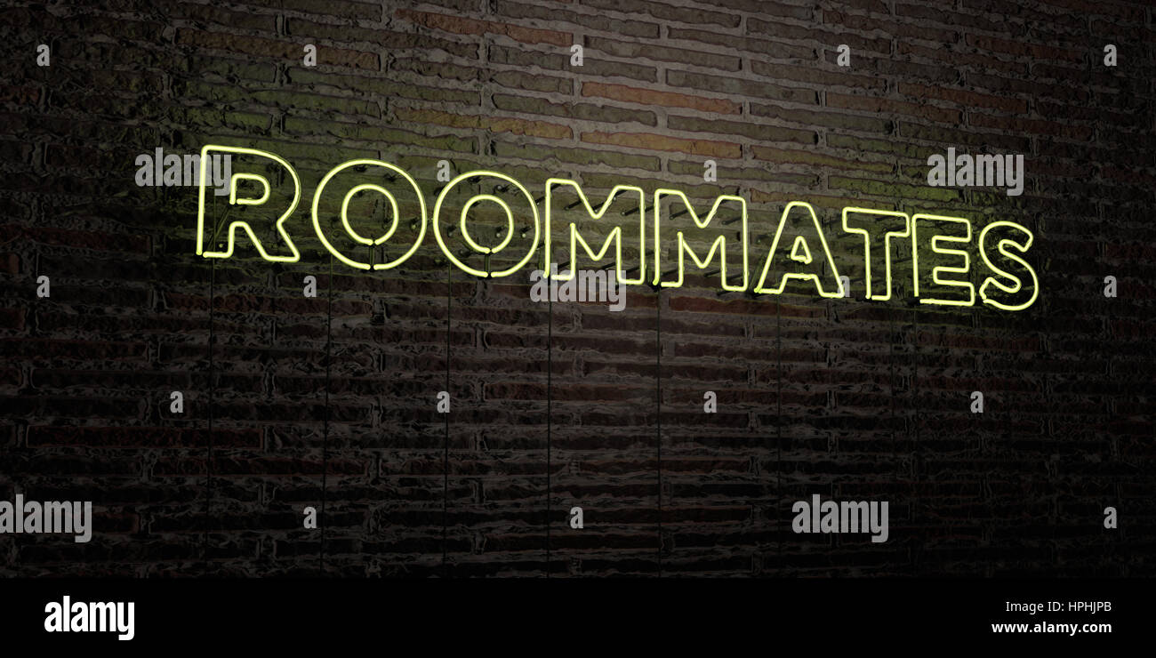 ROOMMATES -Realistic Neon Sign on Brick Wall background - 3D rendered ...