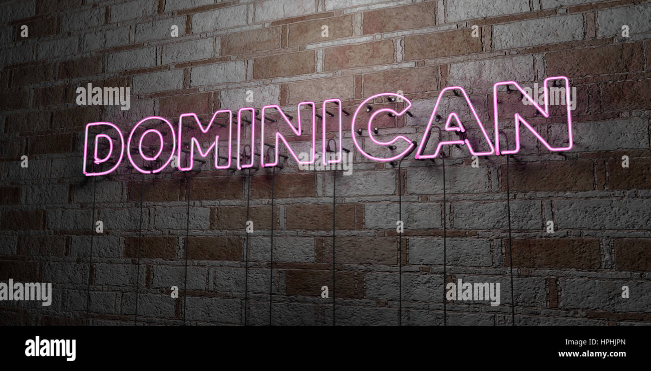 DOMINICAN - Glowing Neon Sign on stonework wall - 3D rendered royalty ...