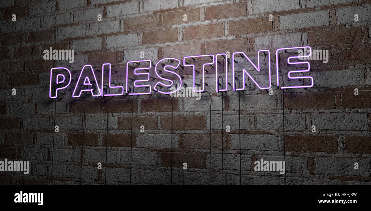PALESTINE - Glowing Neon Sign on stonework wall - 3D rendered royalty ...