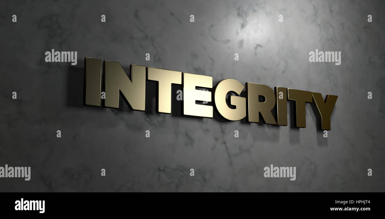 Integrity - Gold text on black background - 3D rendered royalty free ...