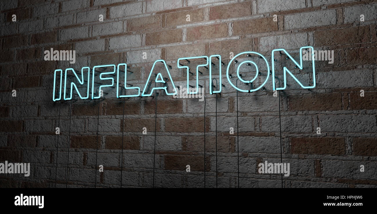 INFLATION - Glowing Neon Sign on stonework wall - 3D rendered royalty ...