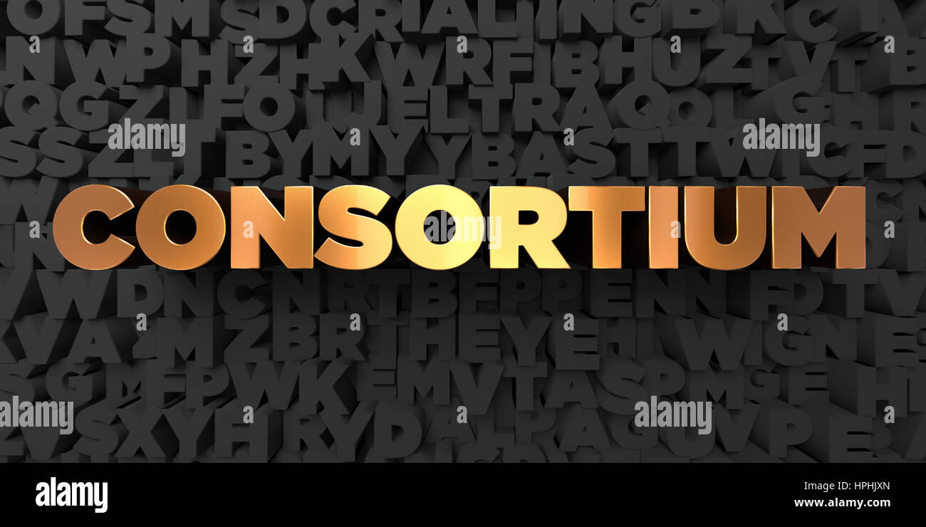 Consortium - Gold text on black background - 3D rendered royalty free ...