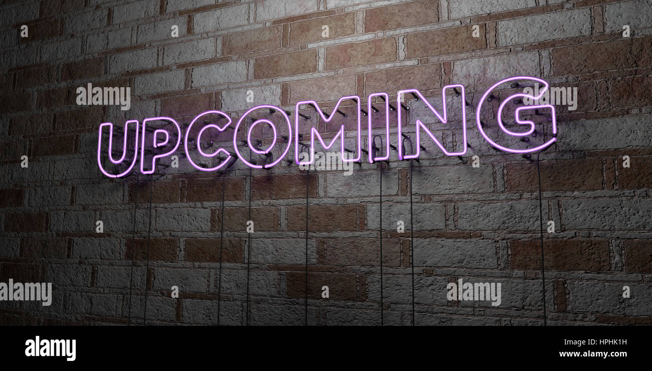 UPCOMING - Glowing Neon Sign on stonework wall - 3D rendered royalty ...