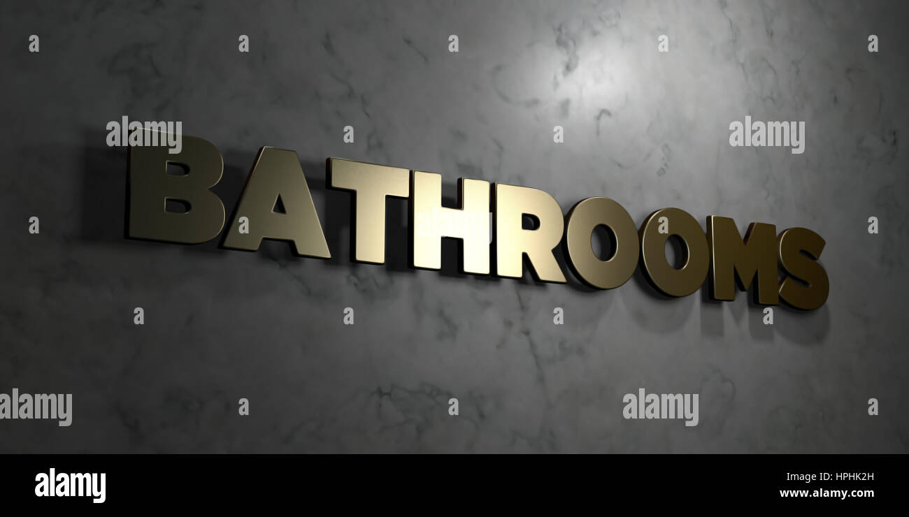 Bathrooms - Gold text on black background - 3D rendered royalty free ...