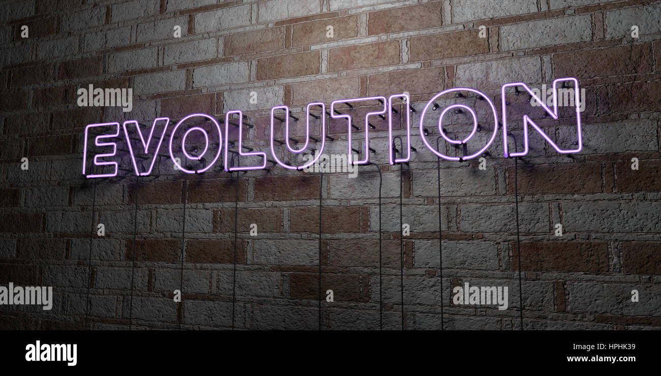 EVOLUTION - Glowing Neon Sign on stonework wall - 3D rendered royalty ...