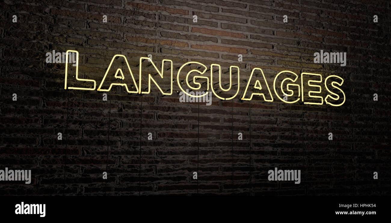 LANGUAGES -Realistic Neon Sign on Brick Wall background - 3D rendered ...