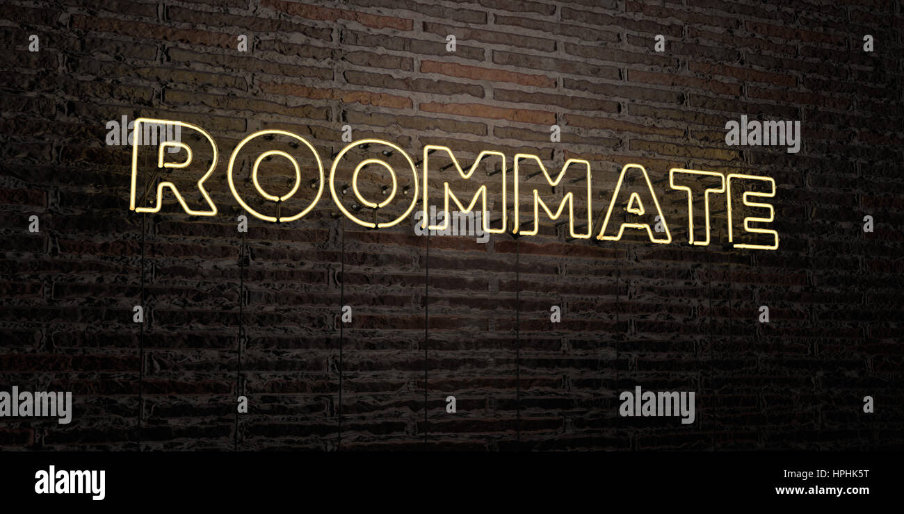 ROOMMATE -Realistic Neon Sign on Brick Wall background - 3D rendered ...