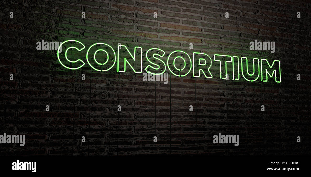 CONSORTIUM -Realistic Neon Sign on Brick Wall background - 3D rendered ...