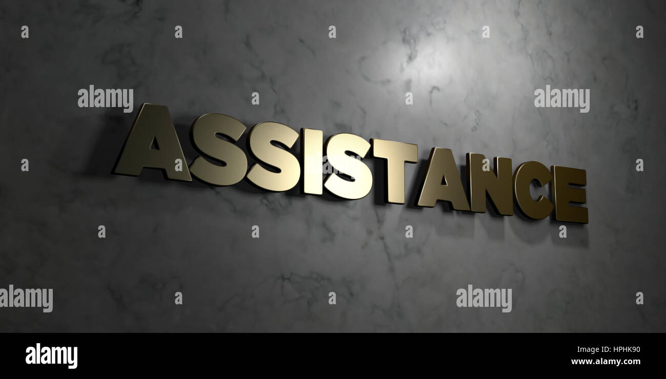 Assistance - Gold text on black background - 3D rendered royalty free ...