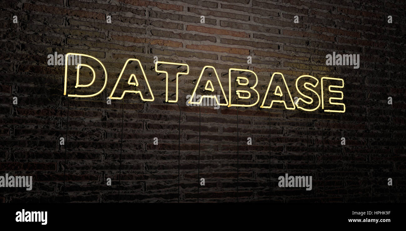 DATABASE -Realistic Neon Sign on Brick Wall background - 3D rendered ...