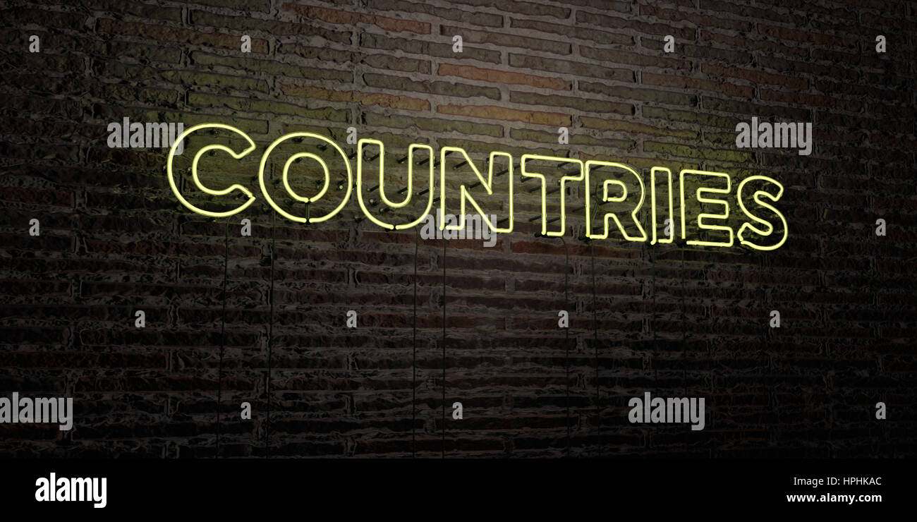 COUNTRIES -Realistic Neon Sign on Brick Wall background - 3D rendered ...