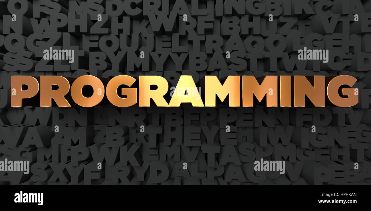 Programming - Gold text on black background - 3D rendered royalty free ...