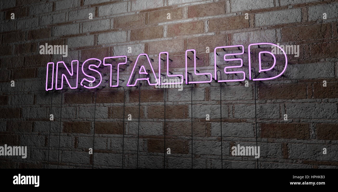 INSTALLED - Glowing Neon Sign on stonework wall - 3D rendered royalty ...