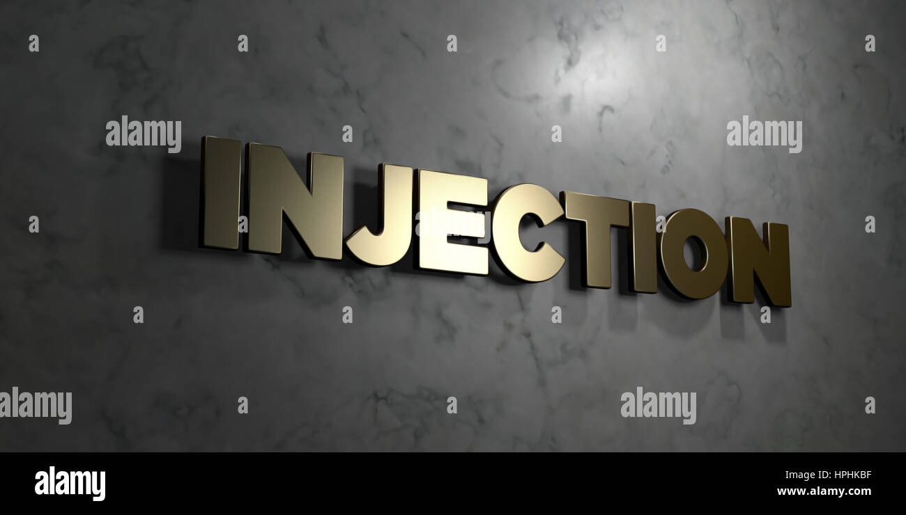 Injection - Gold text on black background - 3D rendered royalty free ...