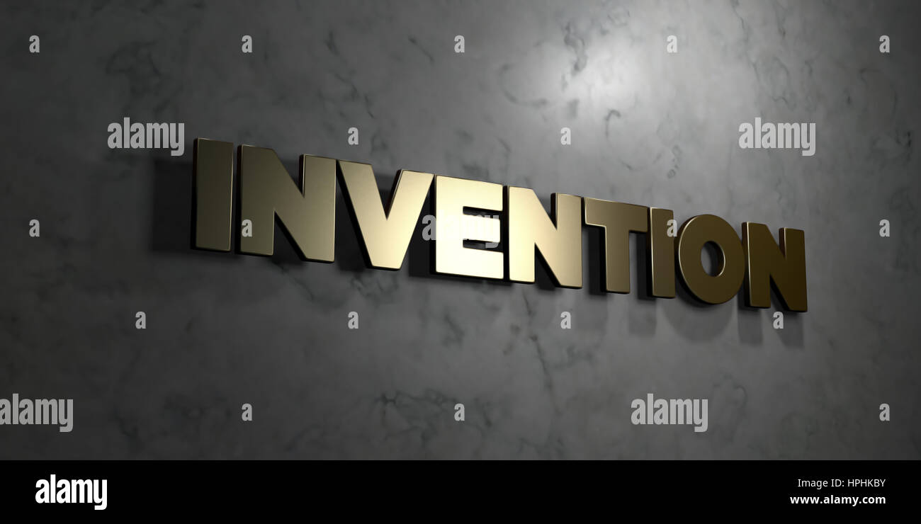 Invention - Gold text on black background - 3D rendered royalty free ...
