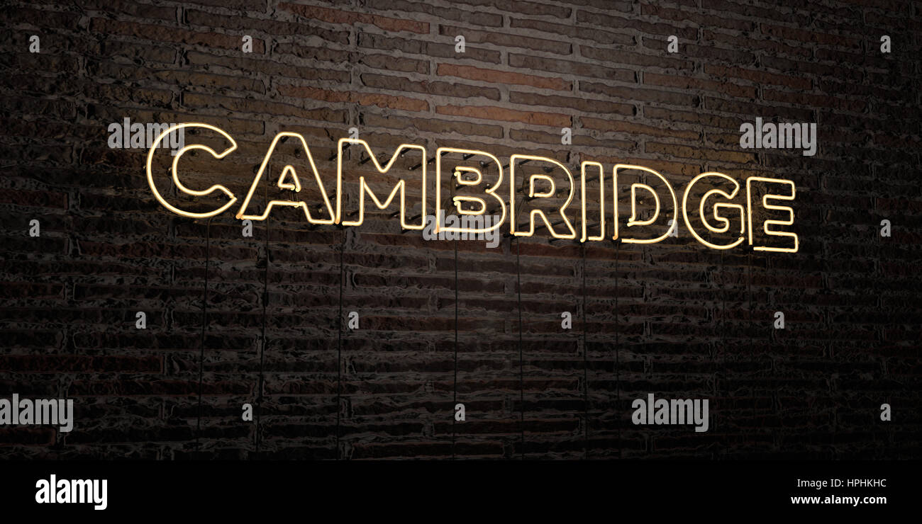 CAMBRIDGE -Realistic Neon Sign on Brick Wall background - 3D rendered ...