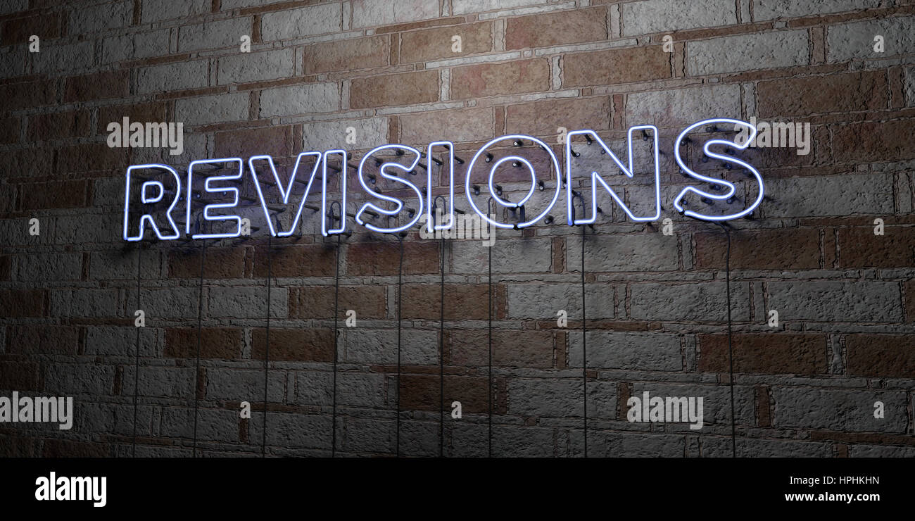 REVISIONS - Glowing Neon Sign on stonework wall - 3D rendered royalty ...