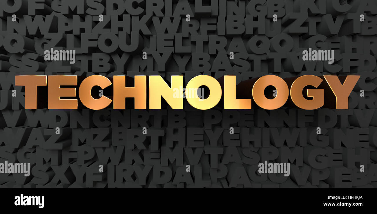 Technology - Gold text on black background - 3D rendered royalty free ...