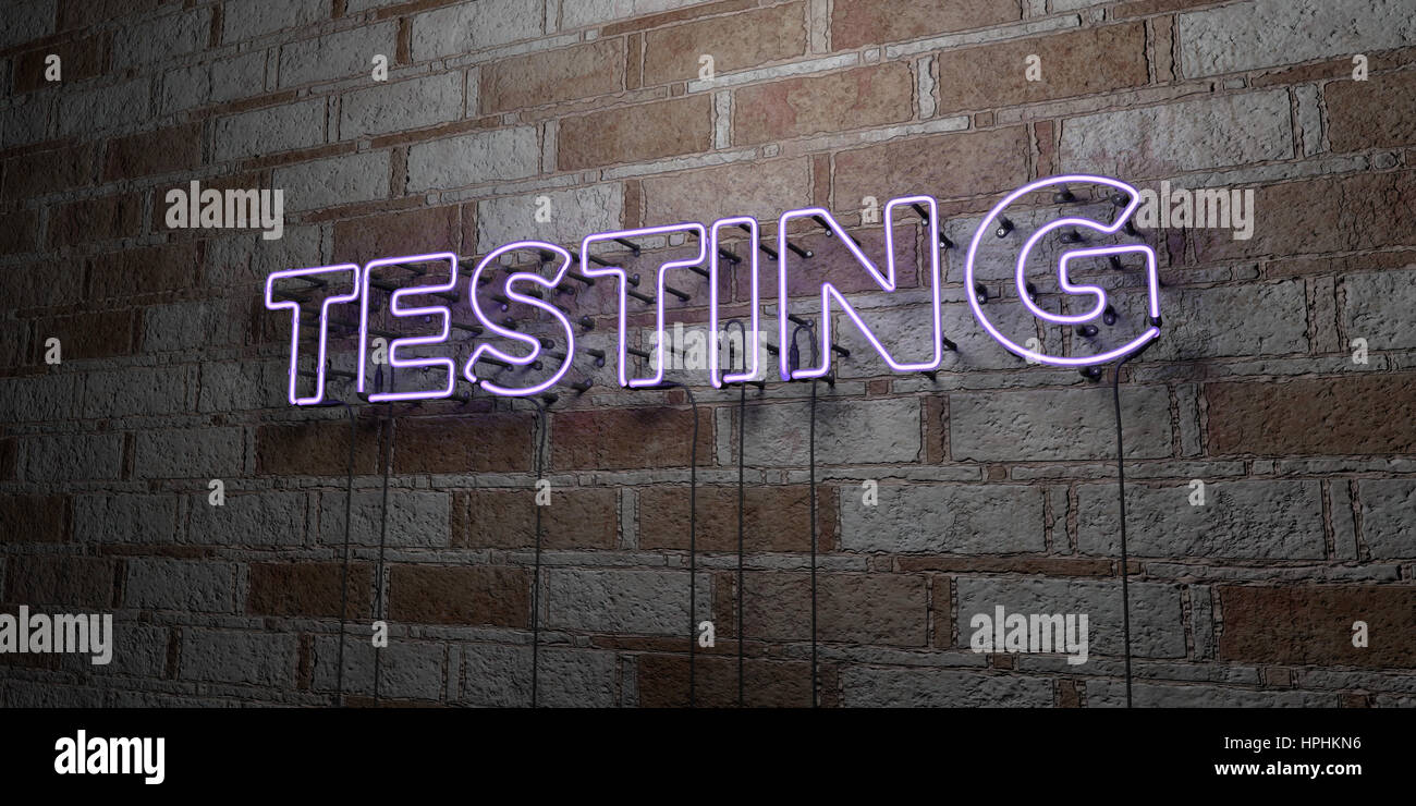 TESTING - Glowing Neon Sign on stonework wall - 3D rendered royalty ...