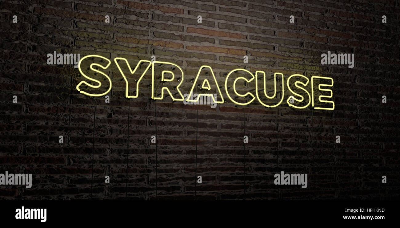 SYRACUSE -Realistic Neon Sign on Brick Wall background - 3D rendered ...