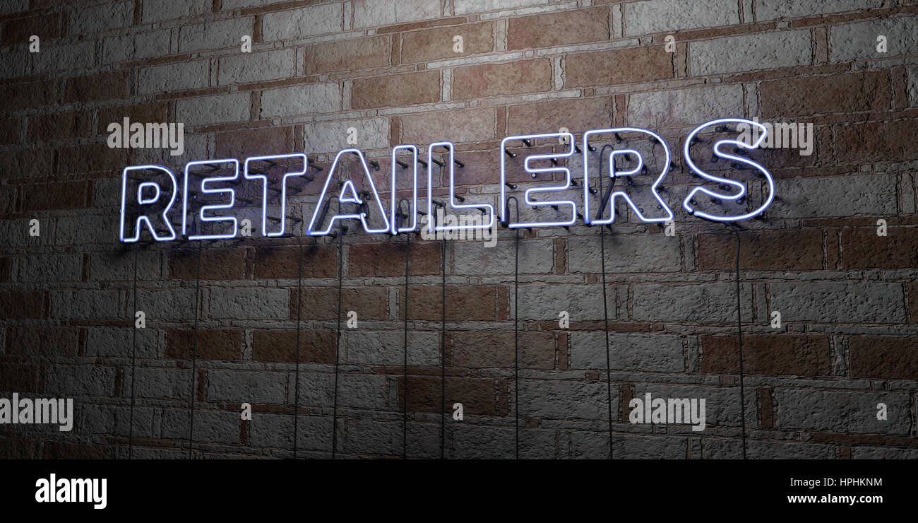 RETAILERS - Glowing Neon Sign on stonework wall - 3D rendered royalty ...