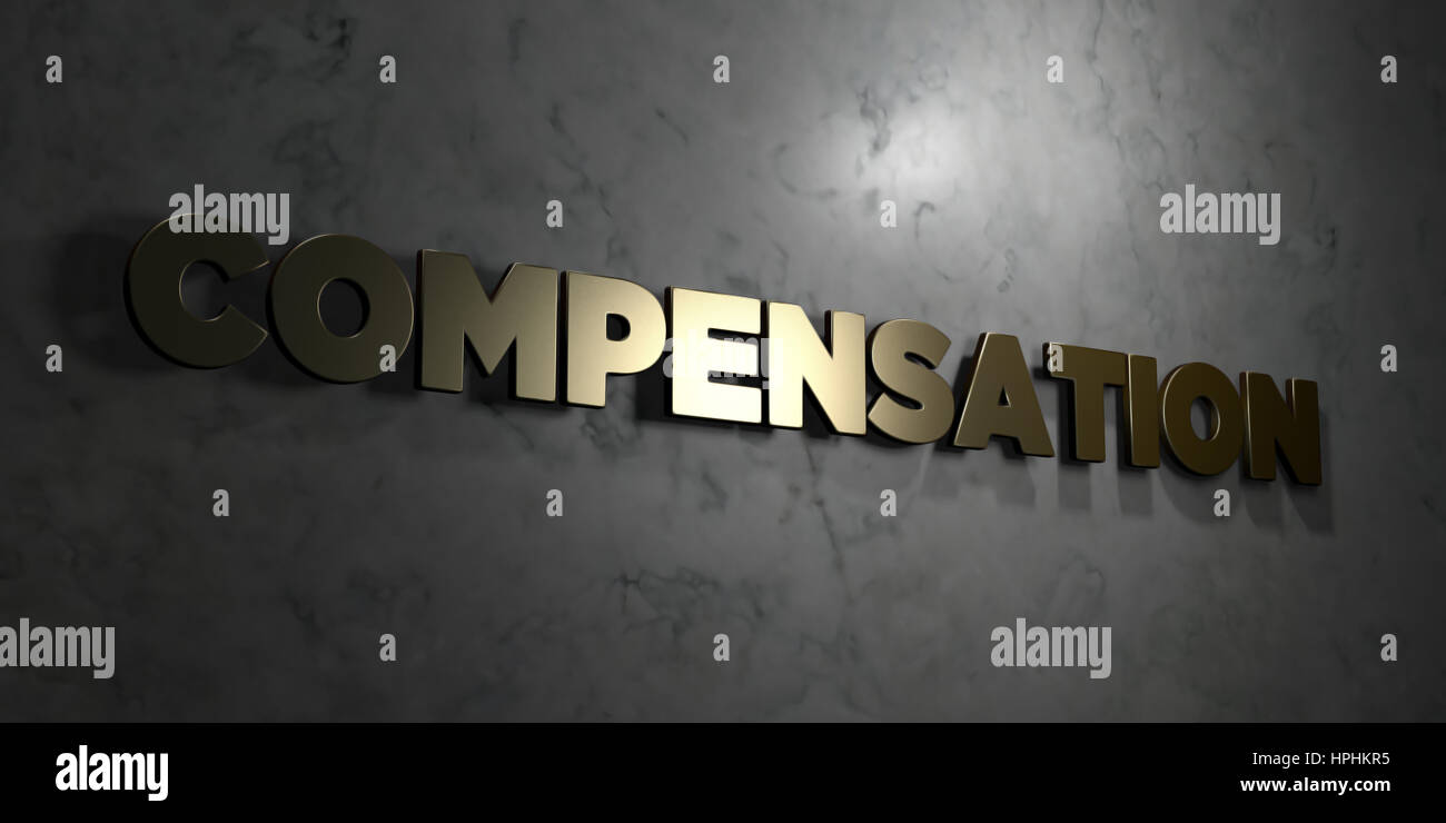 Compensation - Gold text on black background - 3D rendered royalty free ...