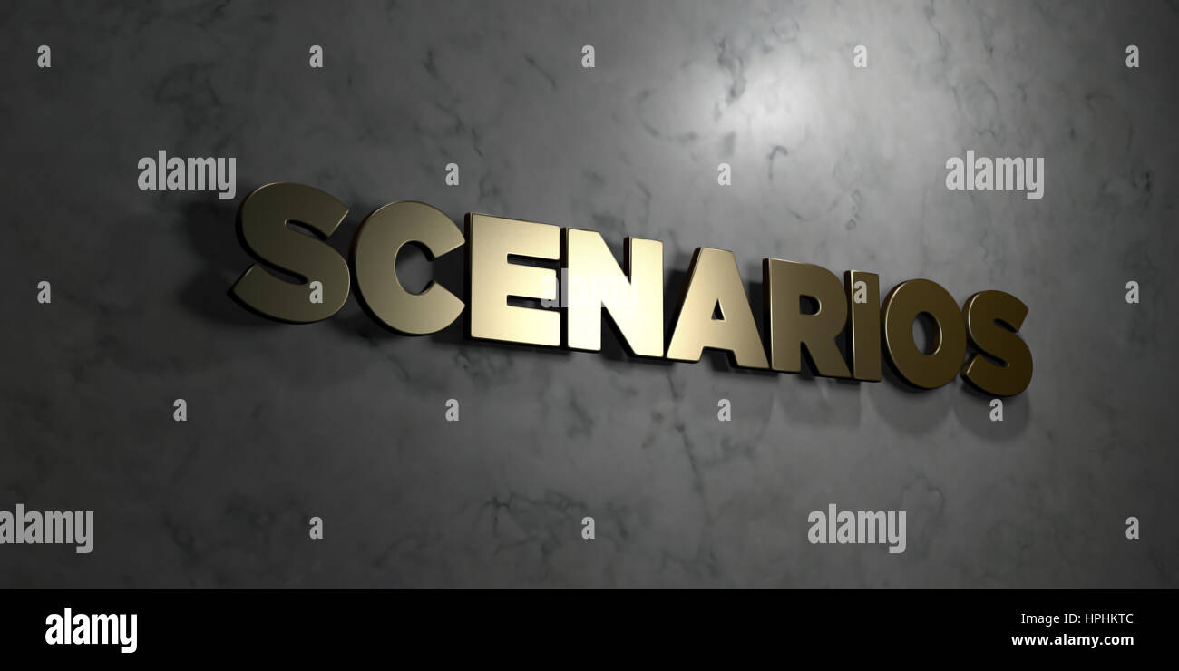 Scenarios - Gold text on black background - 3D rendered royalty free ...