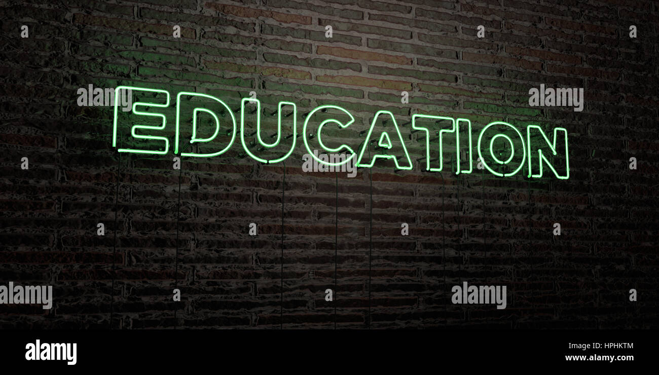 EDUCATION -Realistic Neon Sign on Brick Wall background - 3D rendered ...